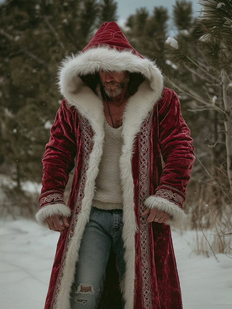 Men's Fuzzy Christmas Santa Outfit Celtic Knot Velvet Hooded Coat