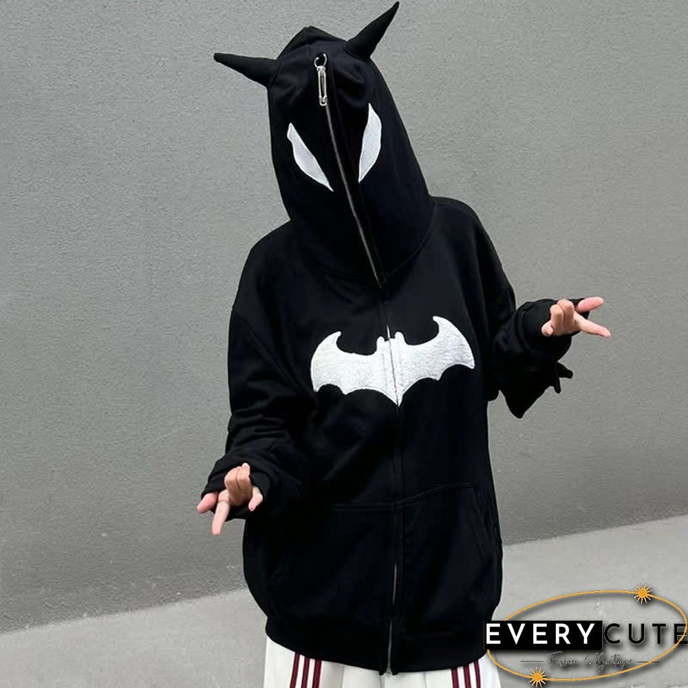 Little Devil Bat Embroidery Zipper Hooded Sweatshirt