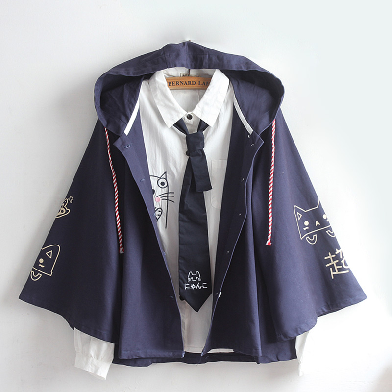Japanese Kitty Print Cape Hooded Outerwear