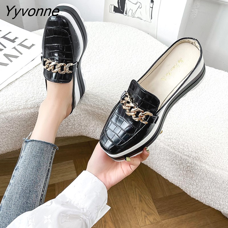 Yyvonne New Arrival Brand Design Lizard Croc Metallic Chain Mule ...