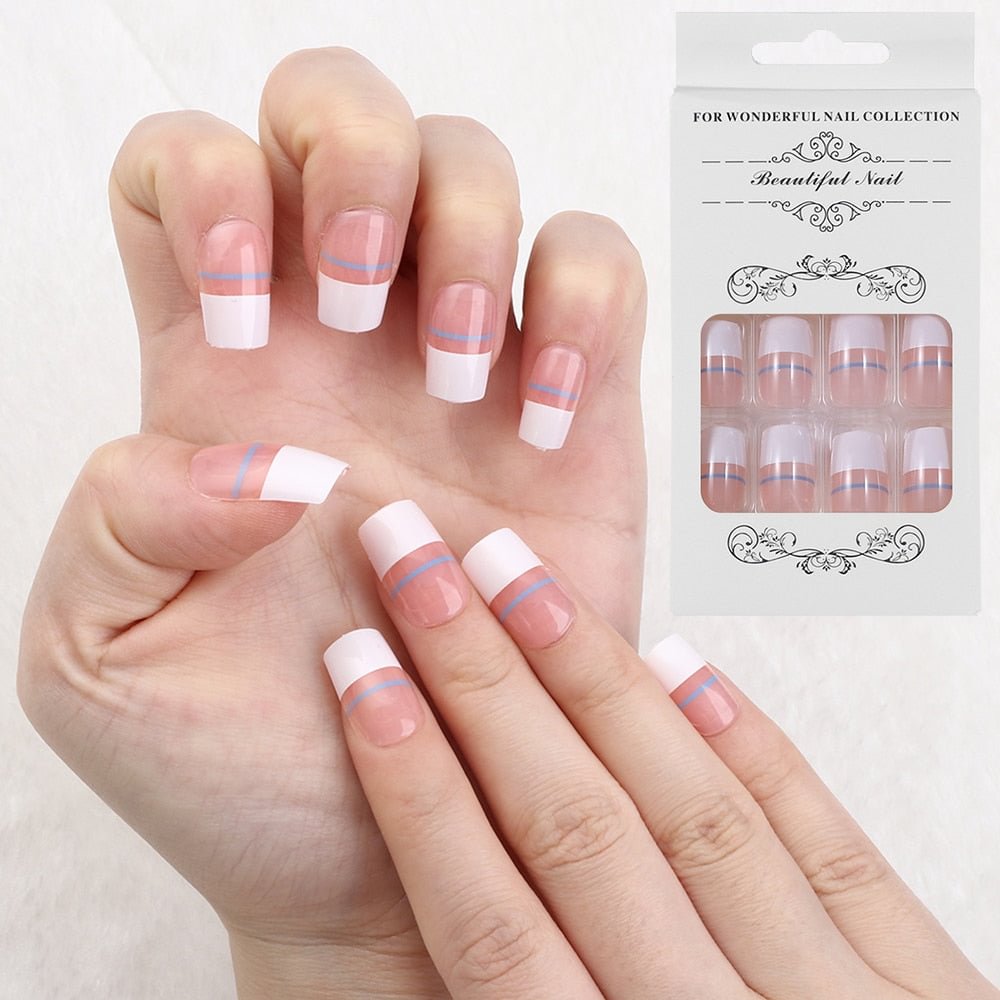 Professional fake nails overhead with glue coffin artificial nails tips ...