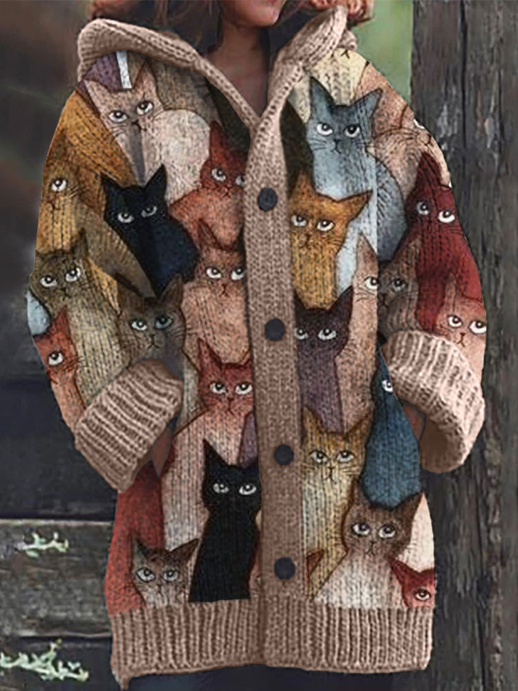Colorful Cats Pattern Cozy Hooded Cardigan