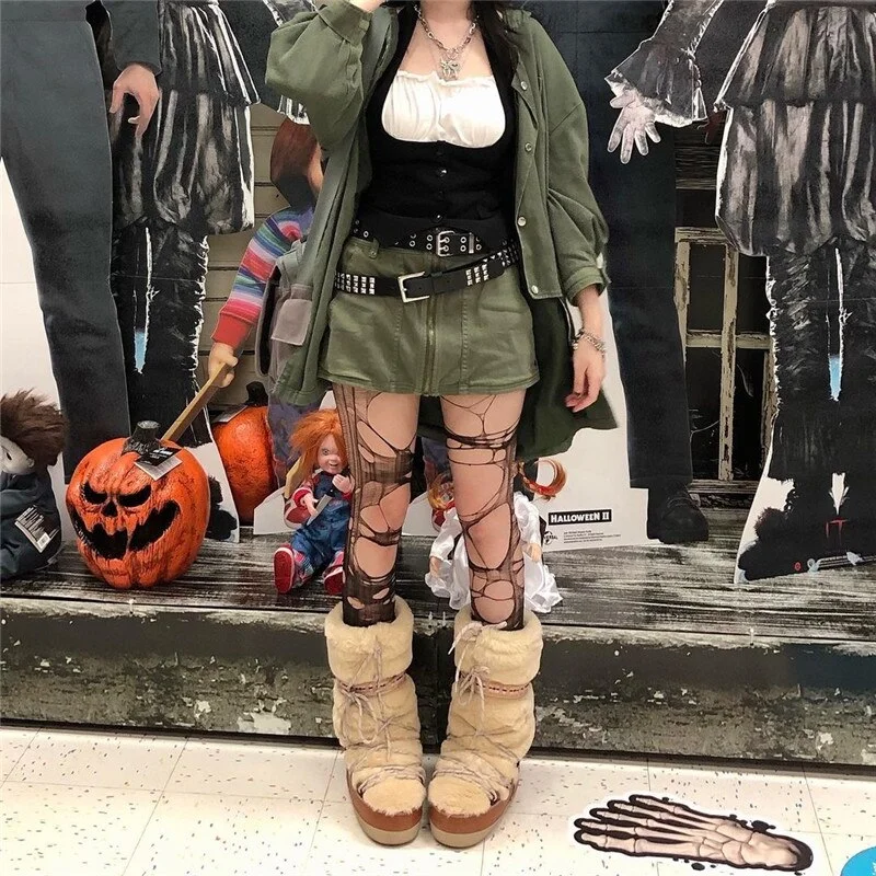 Wongn Women Harajuku Hollow Gothic Pantyhose Tights Sexy Mesh Fishnet Pantyhose DIY Ripped Hole ...