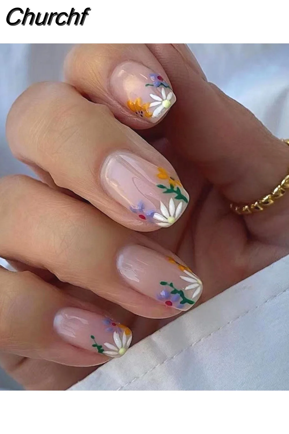 Churchf New Square False Nails French Fake Nails With Flower Pattern ...