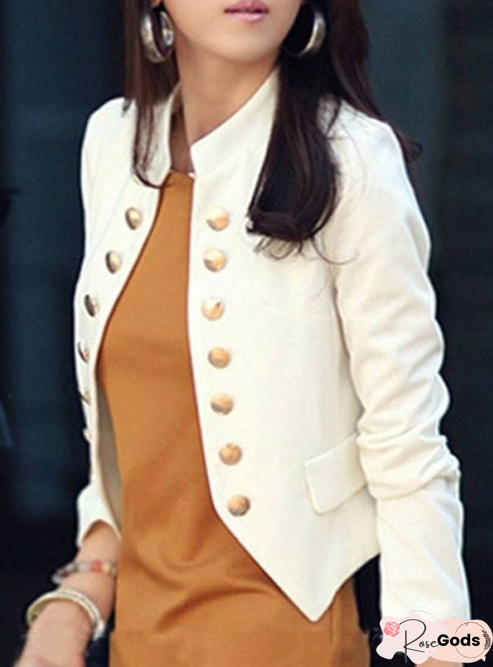 Ladylike Double Breasted Band Collar Blended Plain Blazer