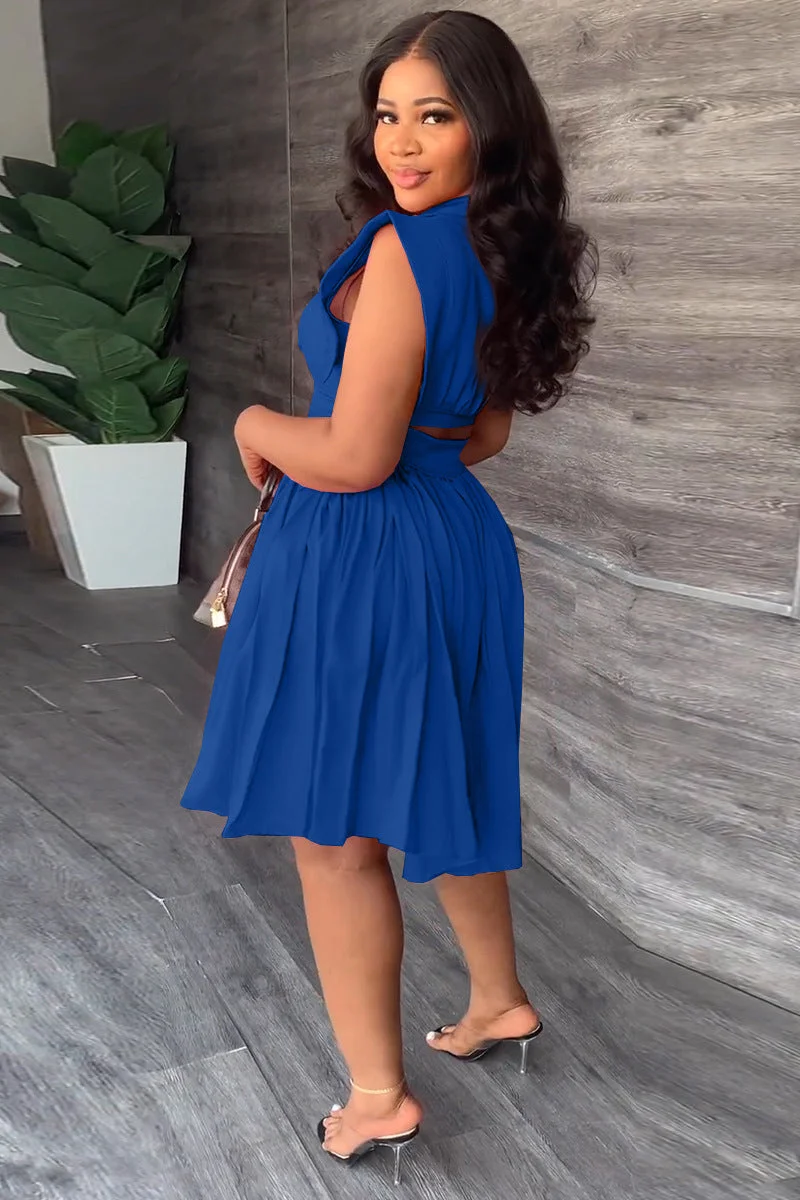Sleeveless Turndown Collara Line Pleated Cut Out Mini Dresses