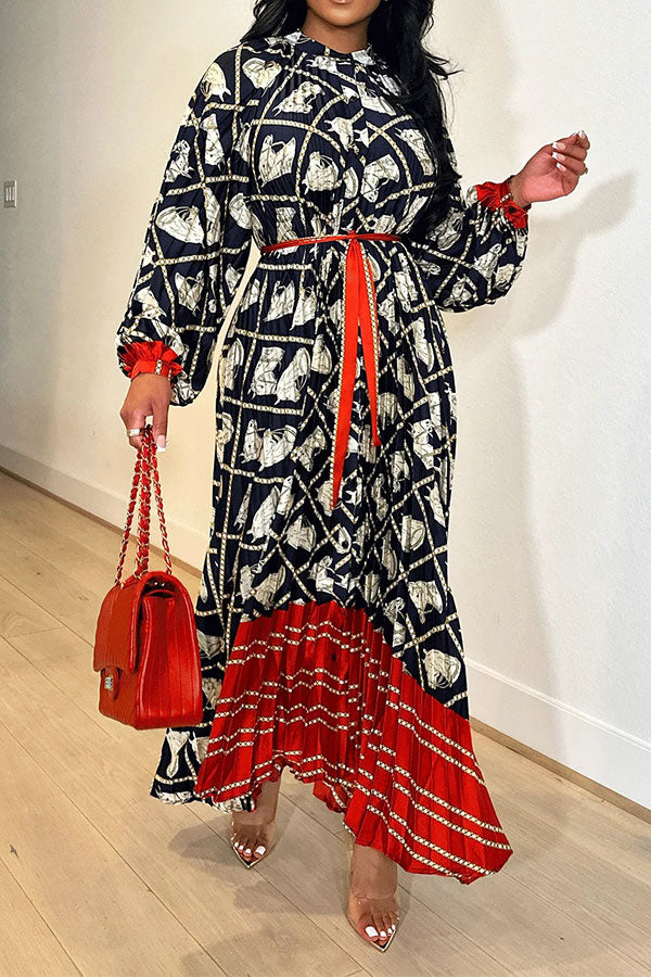 Horse Print Hit Color Laid Back Belted Midi Dress