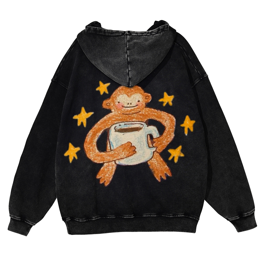Star Monkey Back Print Casual Washed Hoodie