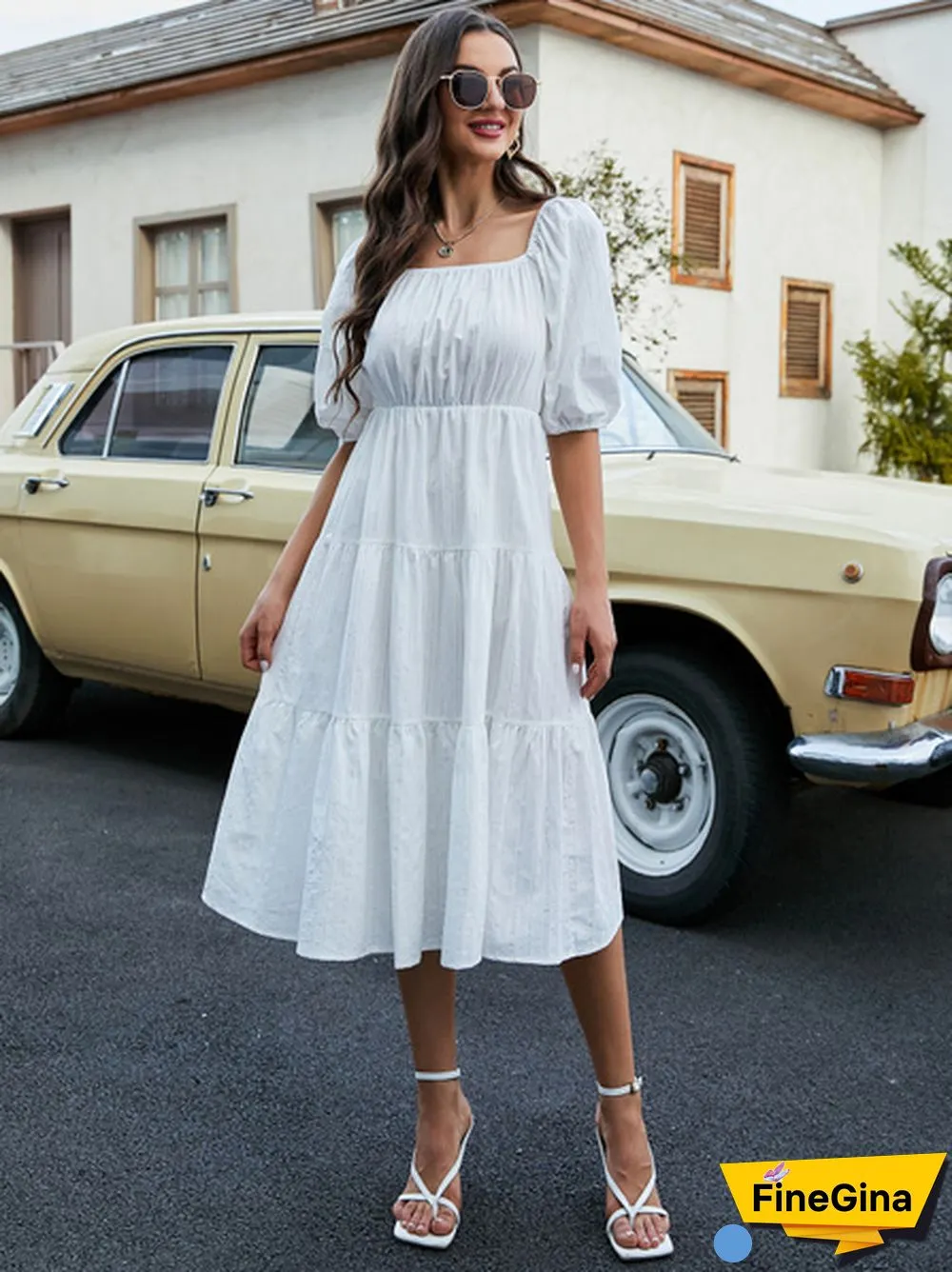 FineGina Floral Puff Sleeve Flare Hem Dress