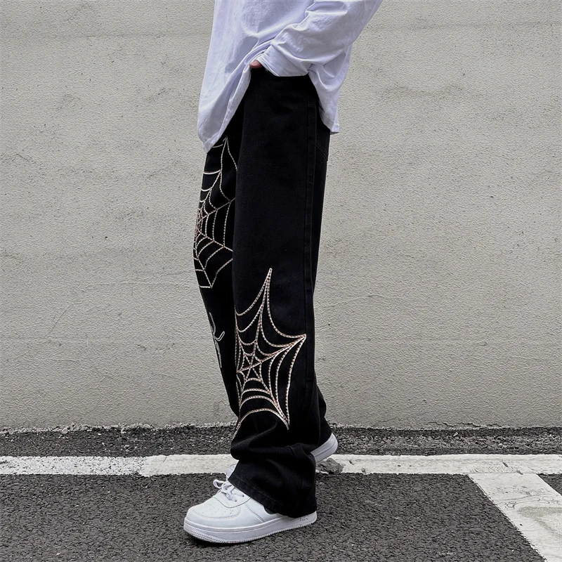 HIGH STREET SPIDER WEB EMBROIDERED WIDE LEG JEANS