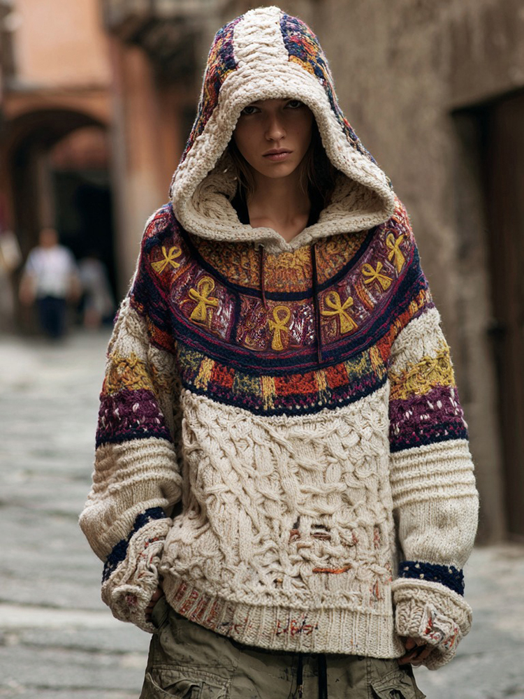 Women's Ancient Egyptian Ankh Geometric Knitted Jacquard Hooded Sweater