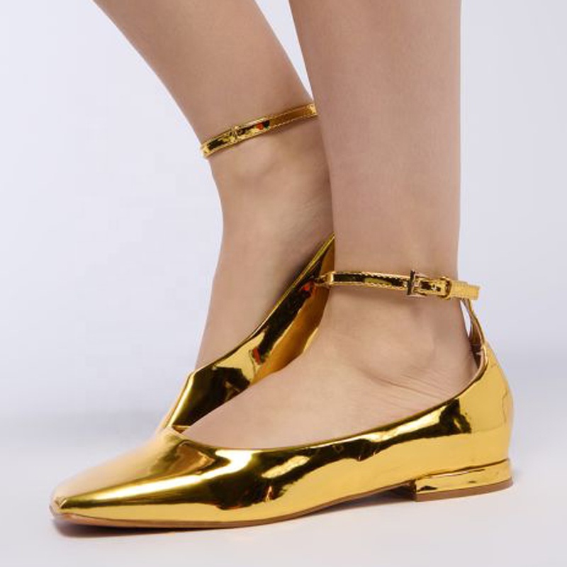 Metallic Silver Square Toe Ankle Strap Ballet Flat