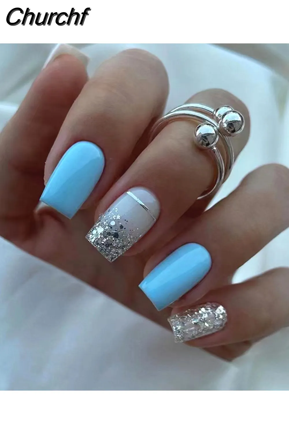 Churchf Long Square False Nails French Silver Glitter Fake Nials Full ...