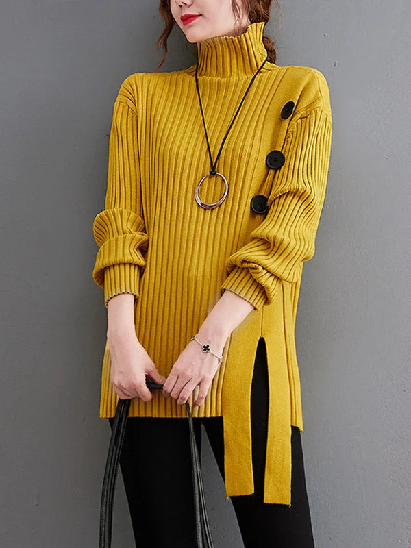 Urban Buttoned Split-Side Asymmetric Split-Joint High-Neck Sweater