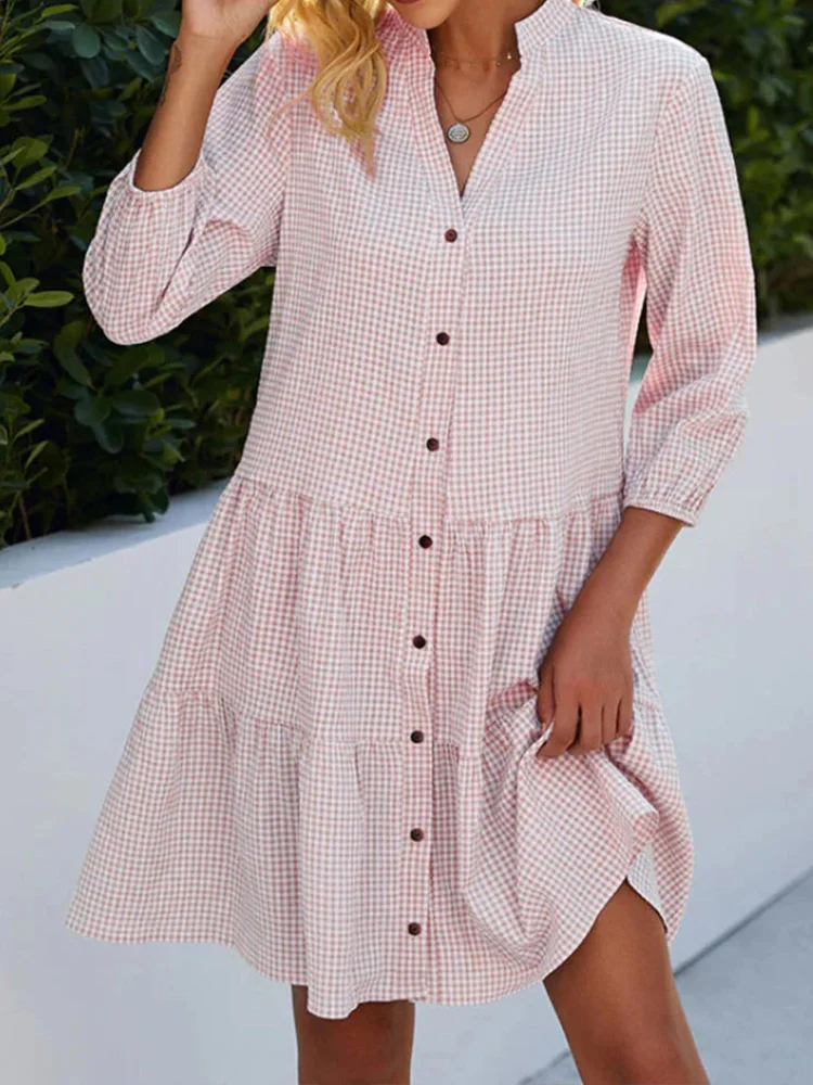 Half Sleeve Plaid Stand Collar Shirt Dress Women