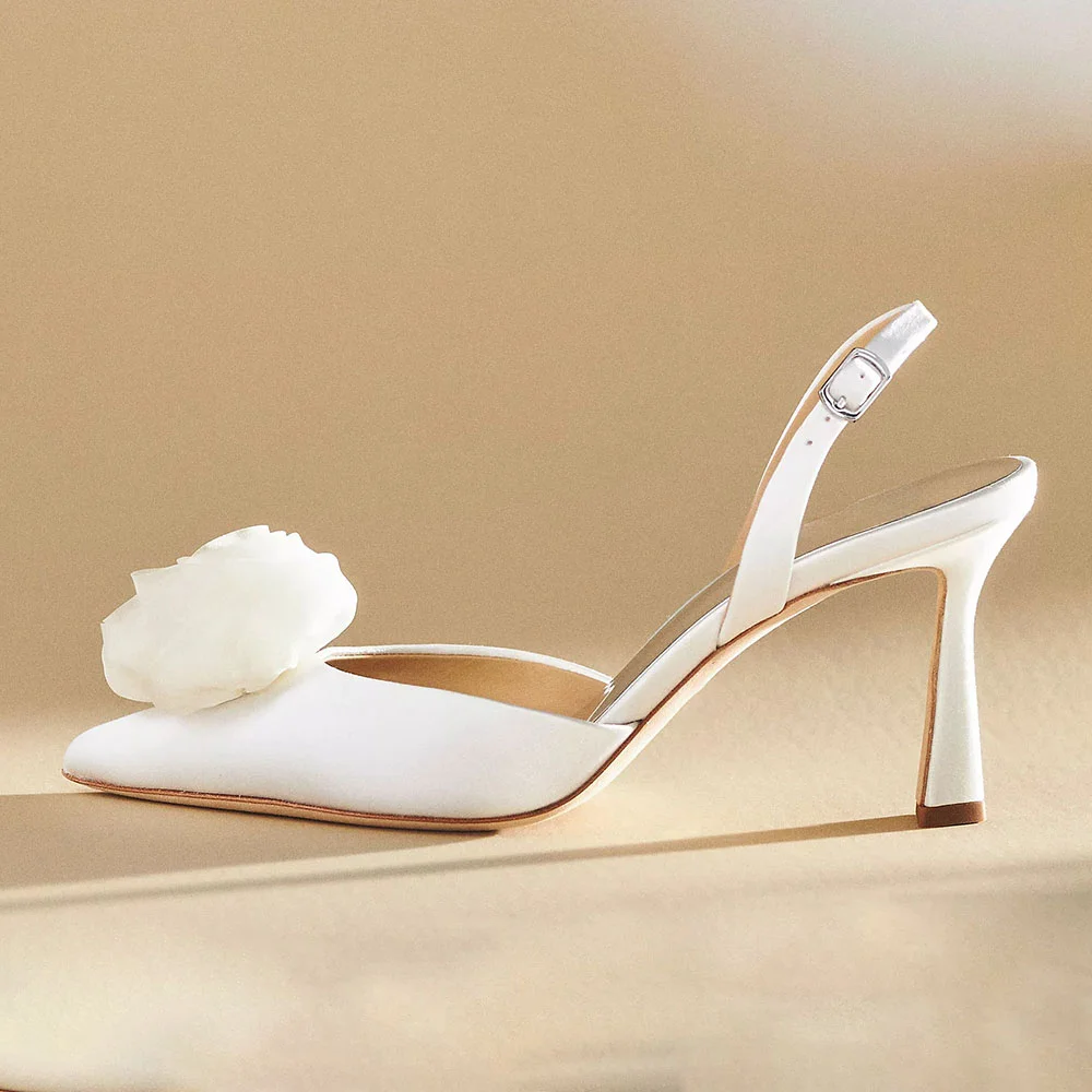 White Satin Pointed Toe Flared Heel Rose Bridal Slingback Heels