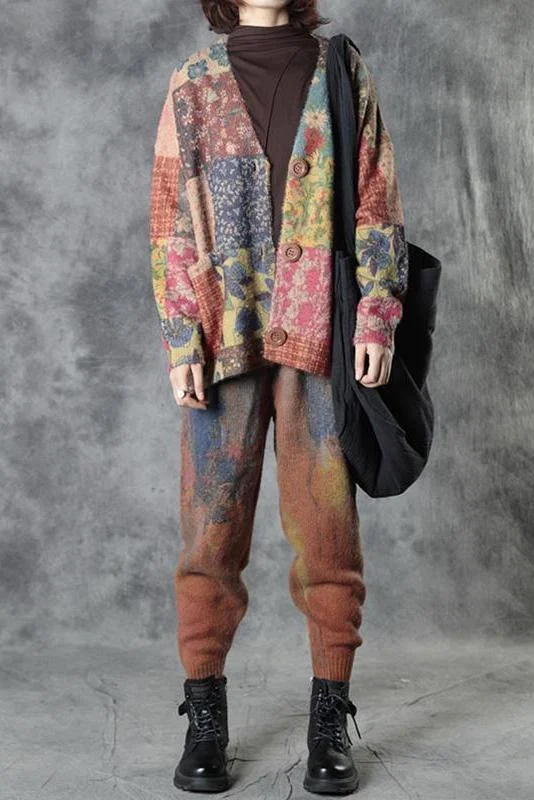 Autumn Colorful Flower Knitted Sweater Coat