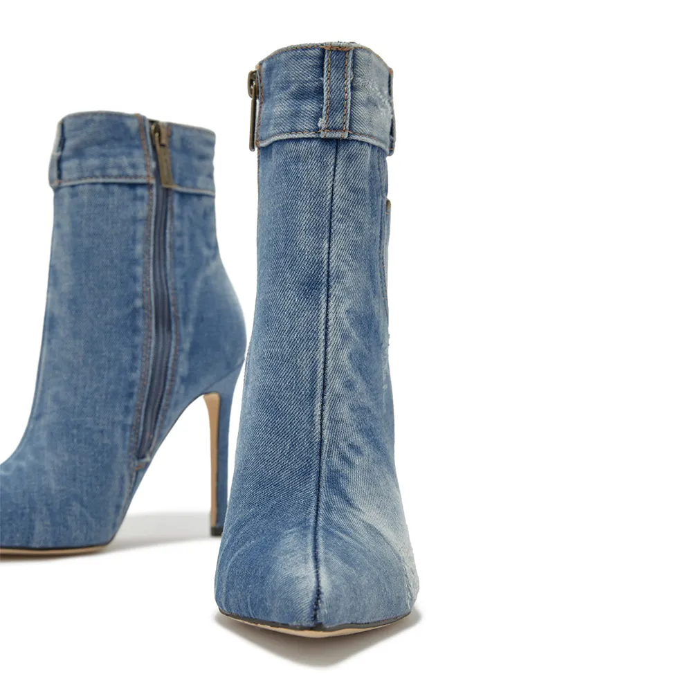 Blue Denim Patchwork Pointed Toe Zip Ankle Boots with Stiletto Heels