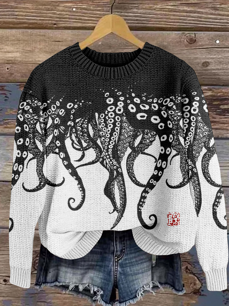 Vintage Japanese Art Octopus Art Pattern Style Knitted Warm Sweater