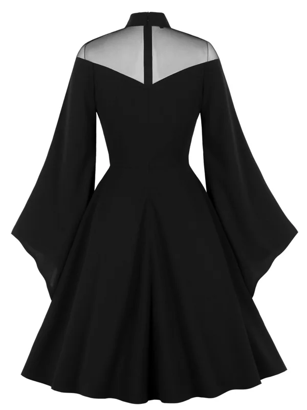 Gothic Dark Vintage Cutout Bell Sleeve Paneled Solid Dress