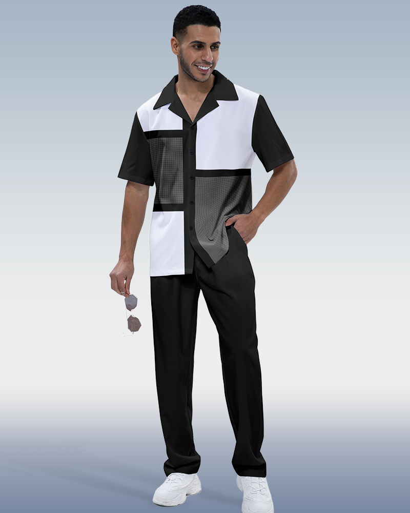 Black Plaid Short Sleeve Walking Suit