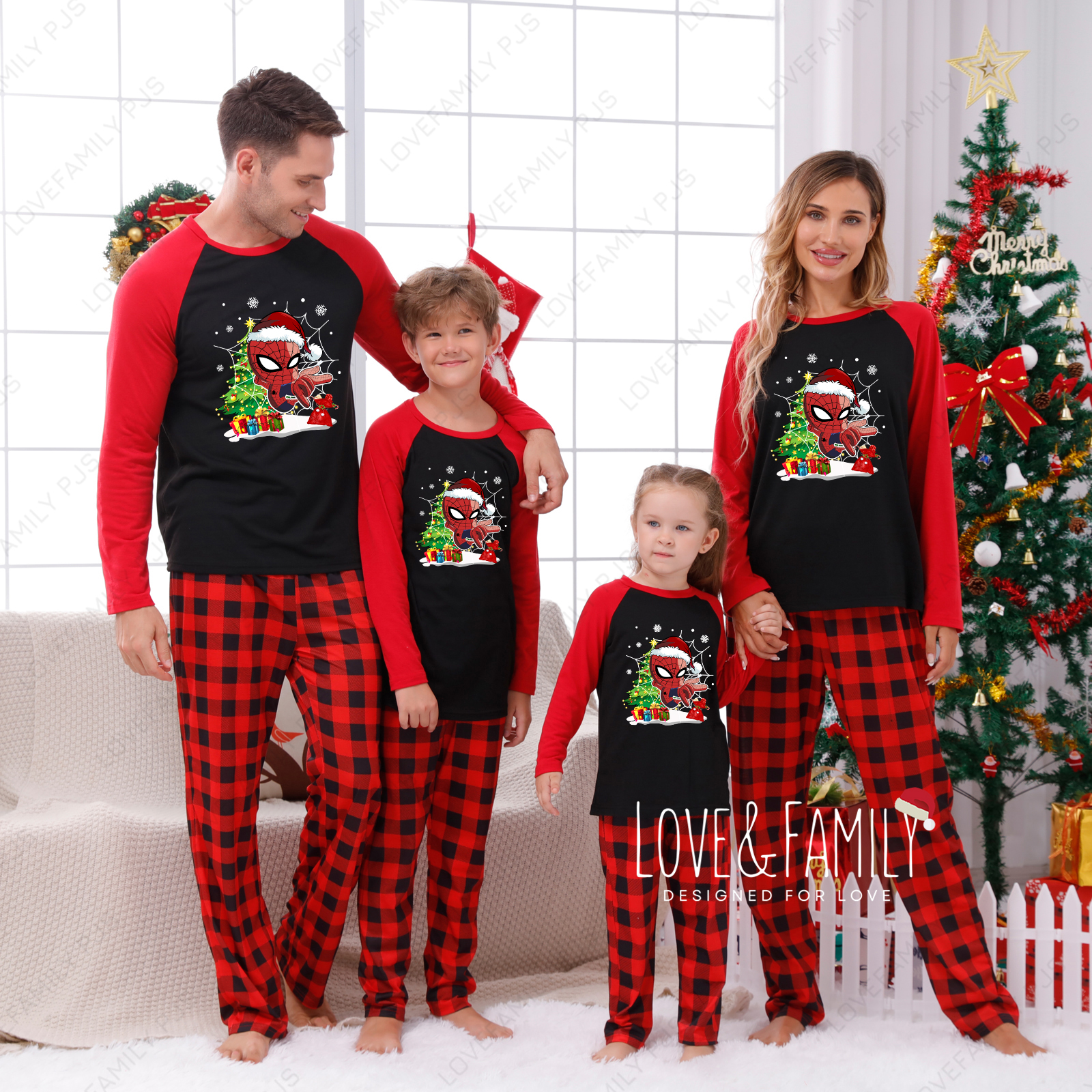 Spider-Man＆Cobweb Print Classic Plaid Holiday Family Pajamas