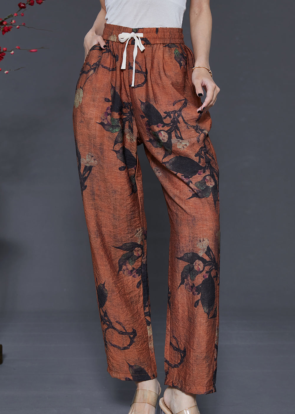 Handmade Orange Oversized Print Linen Pants Summer