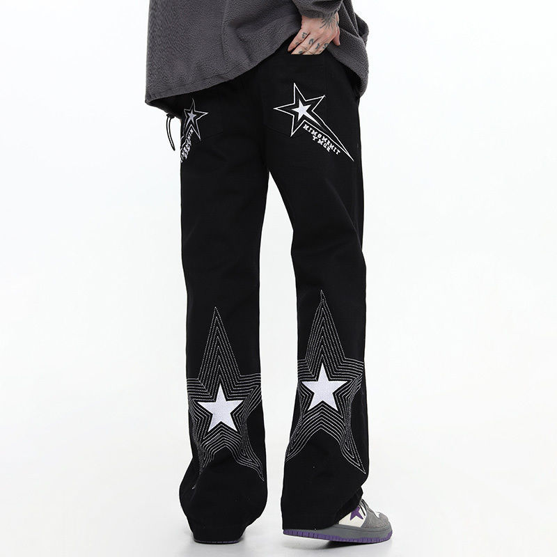 High Street Style Star Pattern Jeans Men Loose Hip-Hop Straight-Leg ...