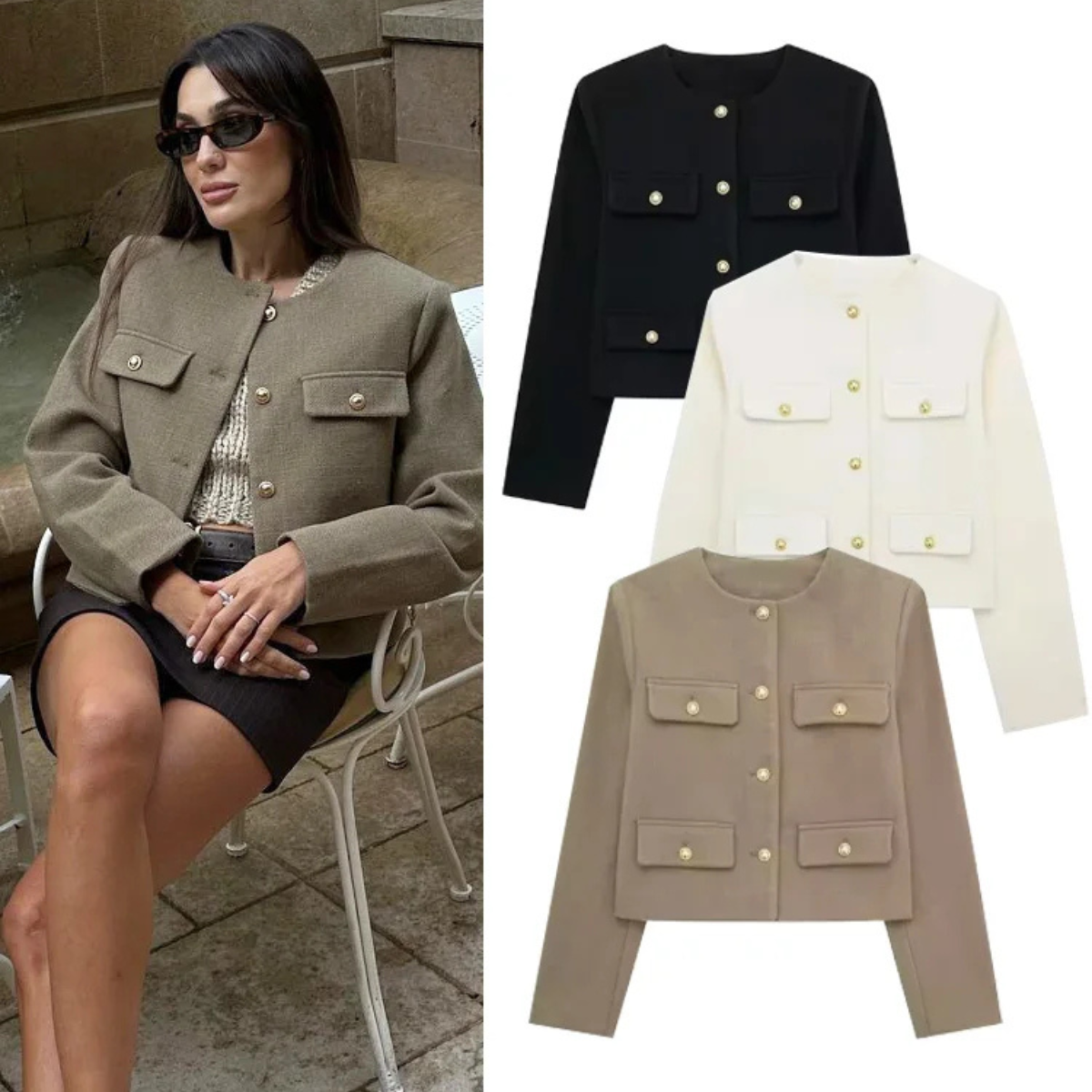 Giada Gold Button Pocket Jacket – Tailored Cropped Blazer-Style Spring ...