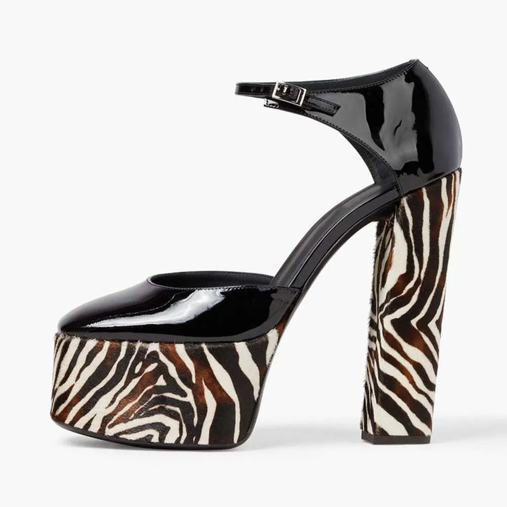Black Patent Leather Square Toe Chunky Heel Zebra Striped Pumps