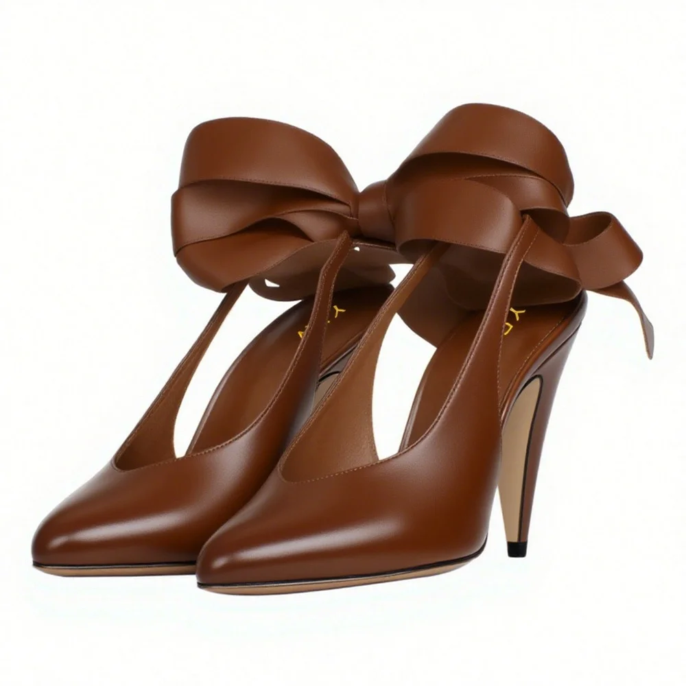 Brown Pointed Toe Cone High Heel Bow Slingback Pumps for Women