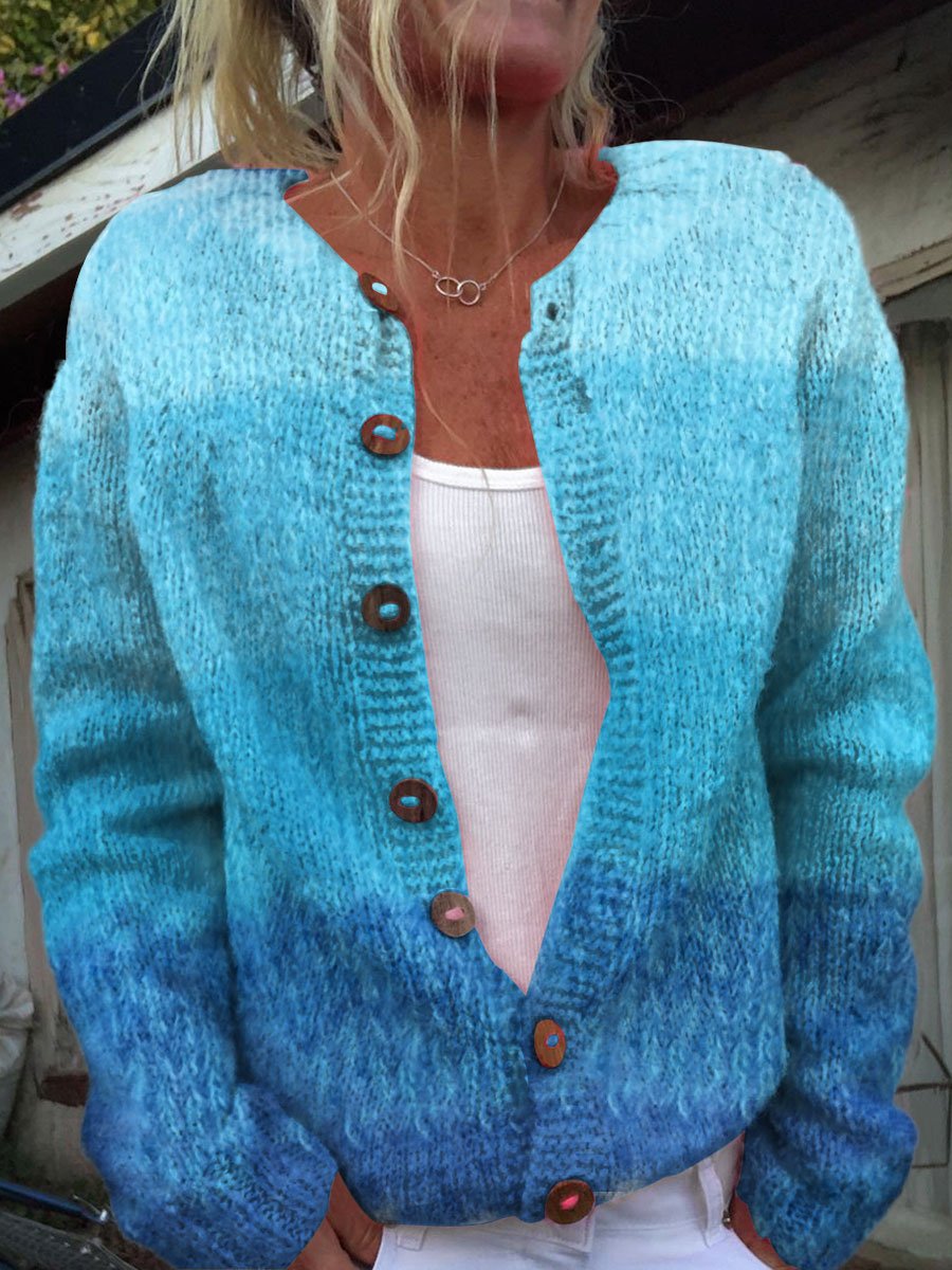 Gradient Blue Winter Print Buttoned Cardigan Sweater