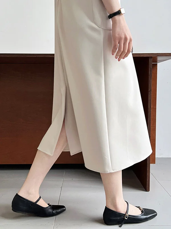 Elegant High-Waisted Midi Dress with Split-Back Design and Pockets"