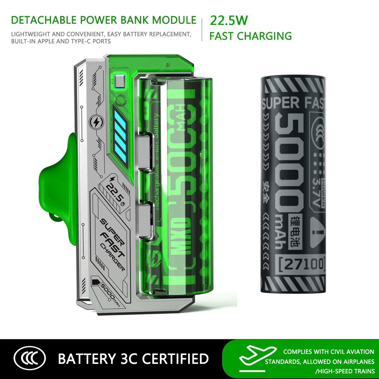 【3C CERTIFIE】Detachable Charging Module – 22.5W Fast Charging, 5000mAh ...