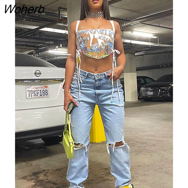 Woherb Puss Y2K Print Tank Top Women Two Side Bandage Navel Skinny ...