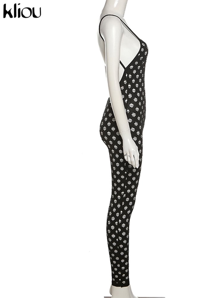 Woherb Kliou Hollow Out See Through Jumpsuit For Women Solid Sexy Sling ...