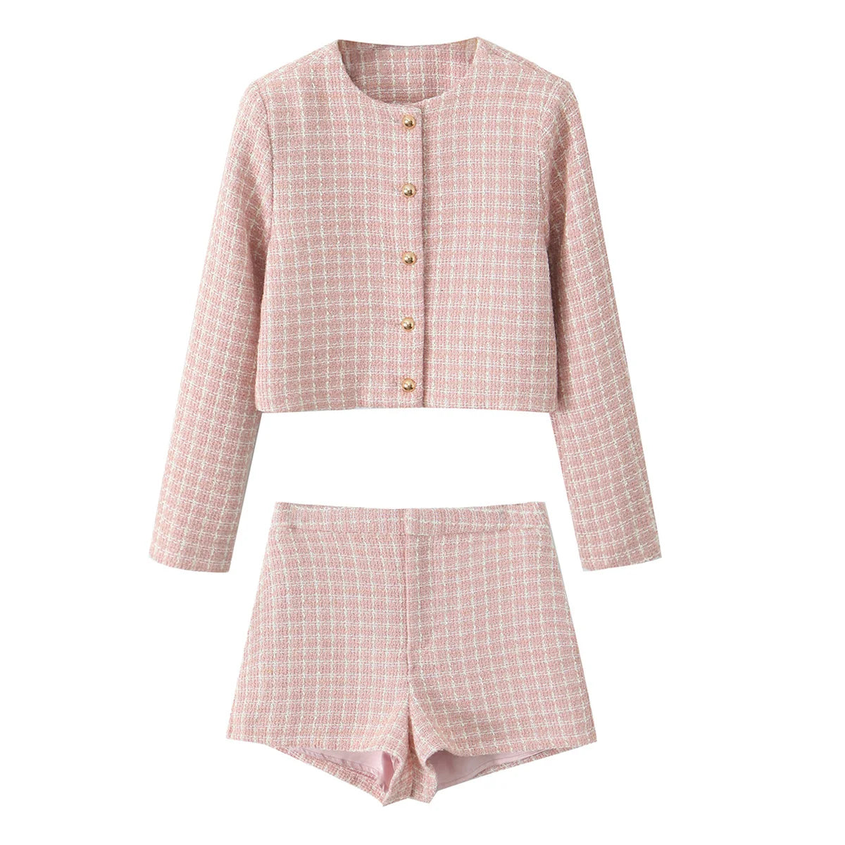 Zingj Pink Plaid Tweed Jacket And Shorts Set
