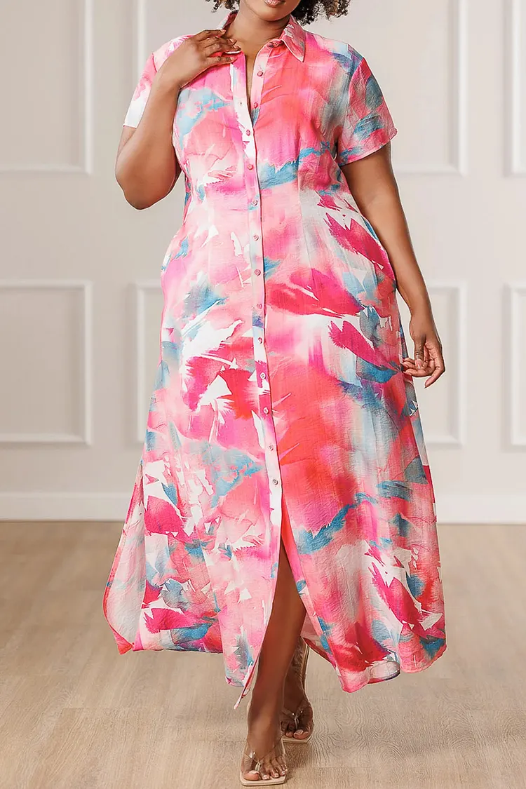 Plus Size Business Casual Pink Graphic Shirt Collar Short Sleeve Split ...
