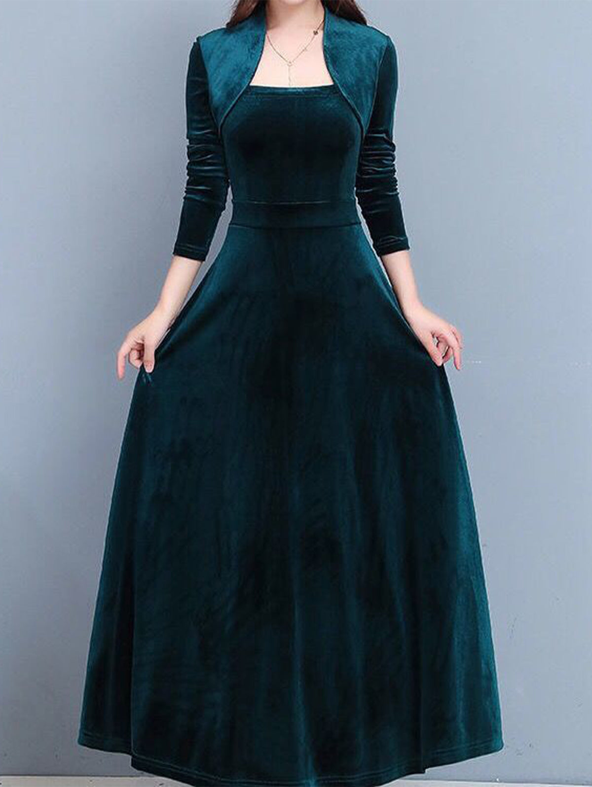 Retro Three-quarter Sleeve Golden Velvet Maxi Dress - Ladylim