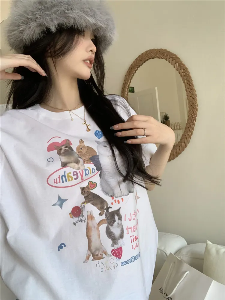CUTE KITTENS PRINT LOOSE T-SHIRT