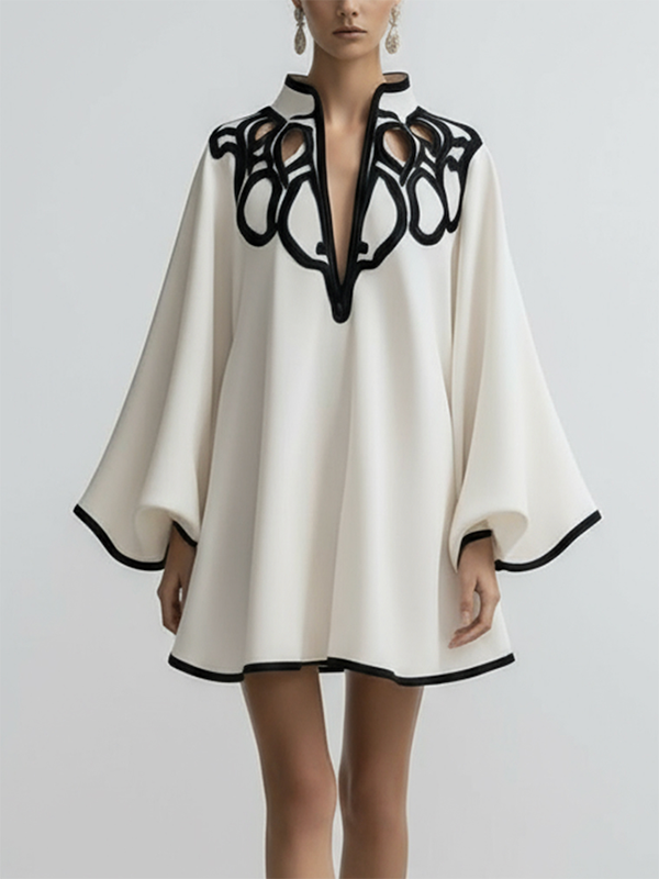 Contrast Color Hollow Flared Sleeves Loose Stand Collar Mini Dresses