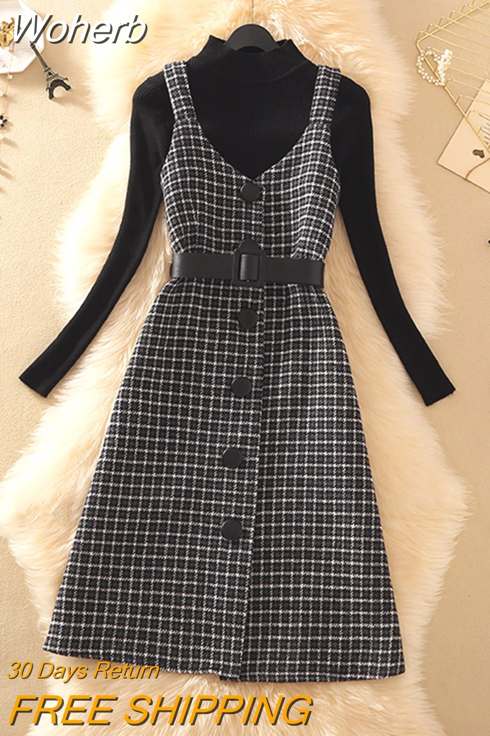 Woherb Piece Dress Set Women Autumn Winter Solid Base Sweater and ...