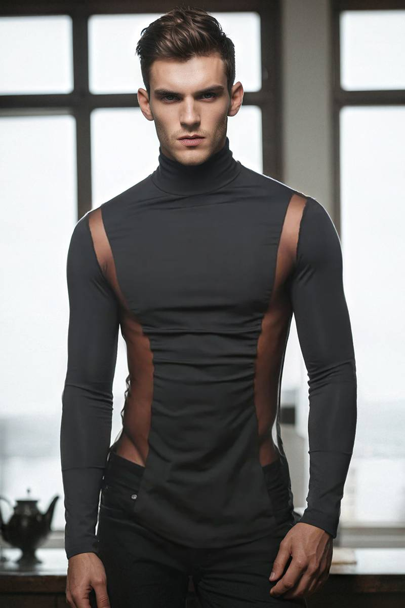 Ciciful Men's Mesh Patchwork High Neck Long Sleeve Black Slim Fit Top