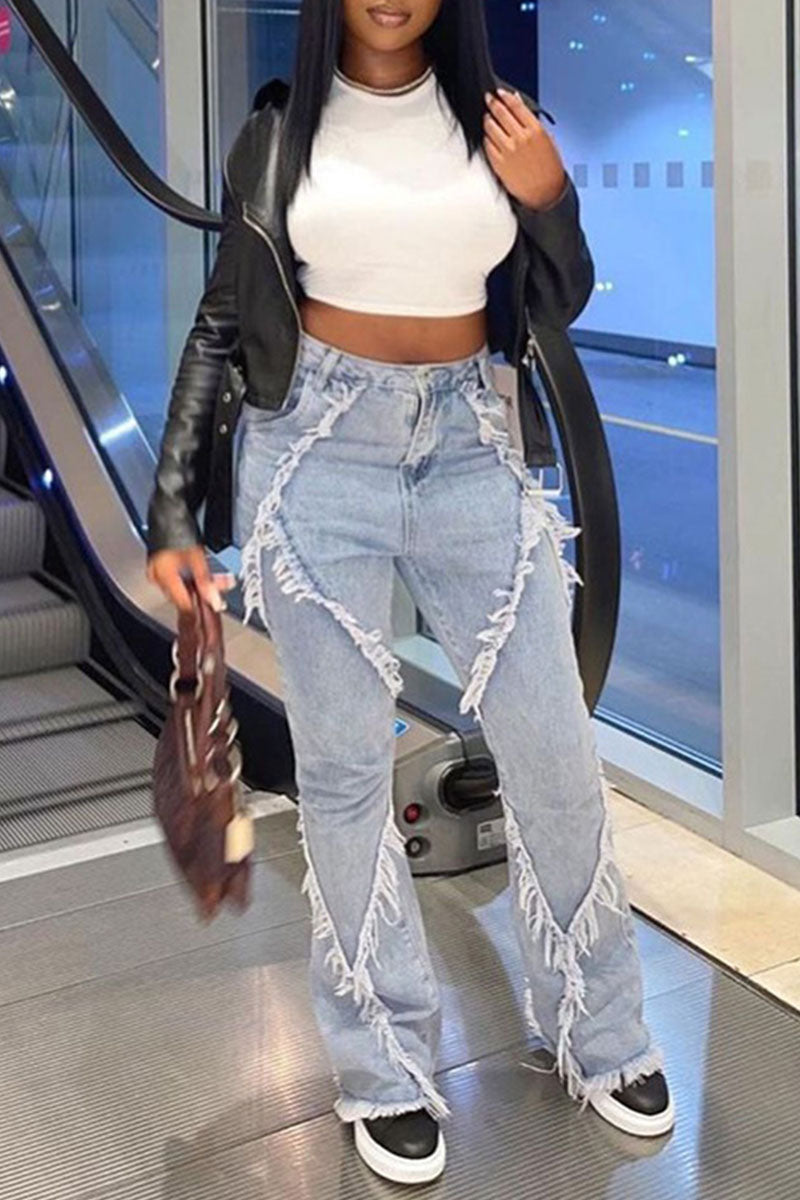 Fashion Casual Street Solid Make Old Split Joint High Waist Straight ...