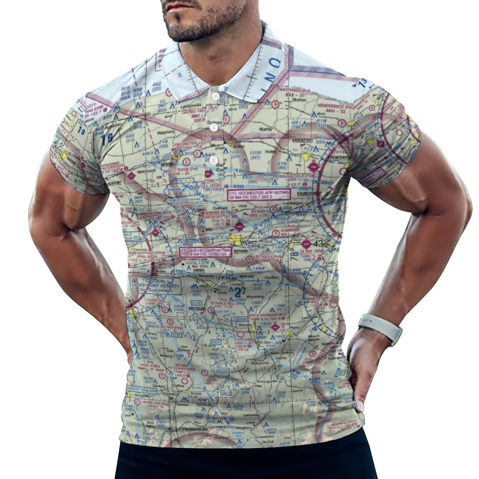 Yoga Aviation Map Print Casual Polo Sport Polo Shirt, Mens Slim Polo ...
