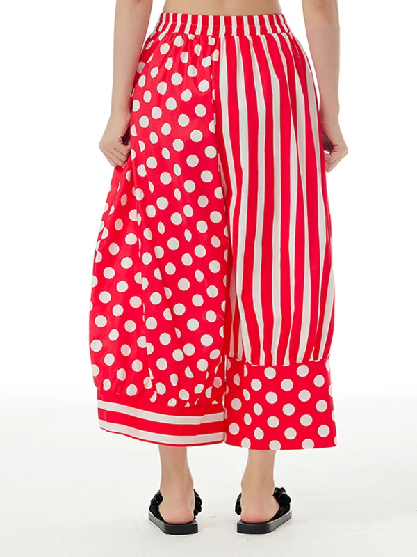 Loose Wide Leg Contrast Color Elasticity Polka-Dot Split-Joint Striped ...