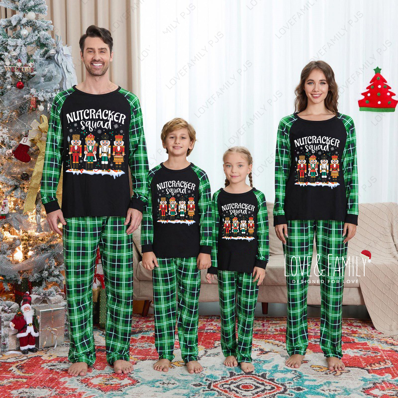 Nutcracker Squad Family Christmas Matching Pajamas Green Plaids PJs Sets