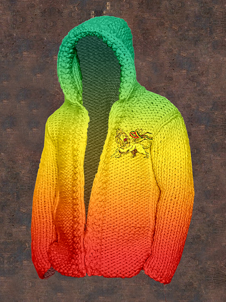 Comstylish Vintage Reggae Lion Gradient Art Knit Zipper Hooded Sweater