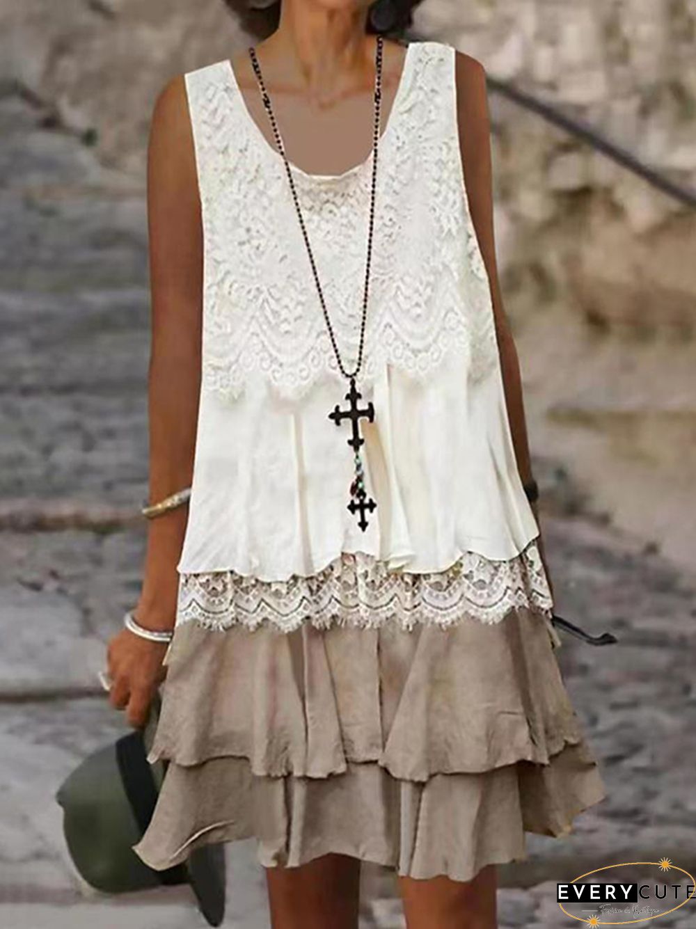 Vintage layered Lace Sleeveless Midi Dress
