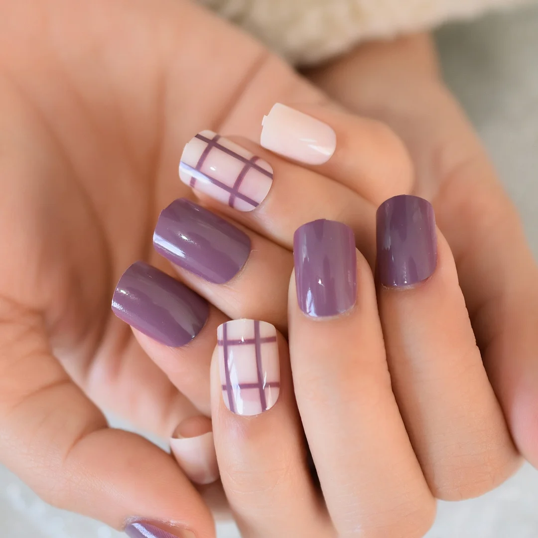 Mix Color Nail Short Squoval Dark Red Petie Fake Nails Glossy Shiny ...